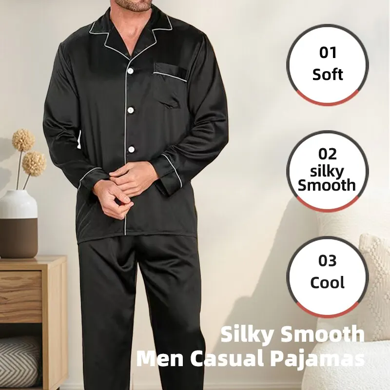 Men-Ice-Silk-Pajamas-Sleepwear-Pajama-Sets-Nightclothes-Black-Blue-L ...