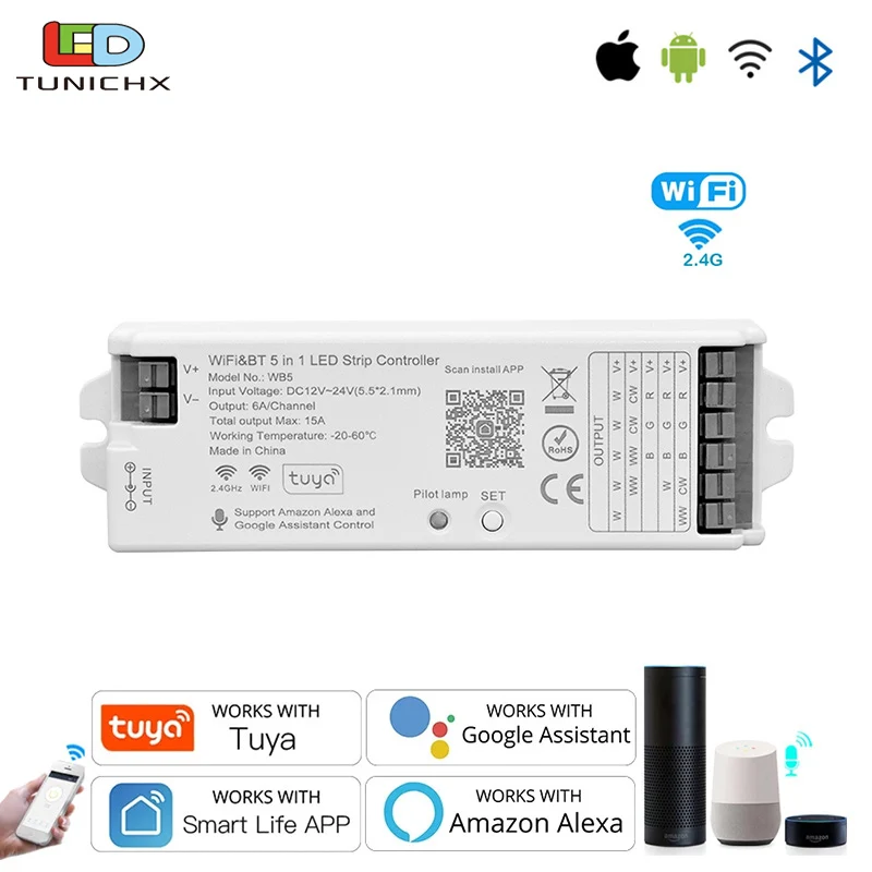 Controlador LED 5 en 1 con WiFi, Control por voz de Tuya, Alexa, Google ...