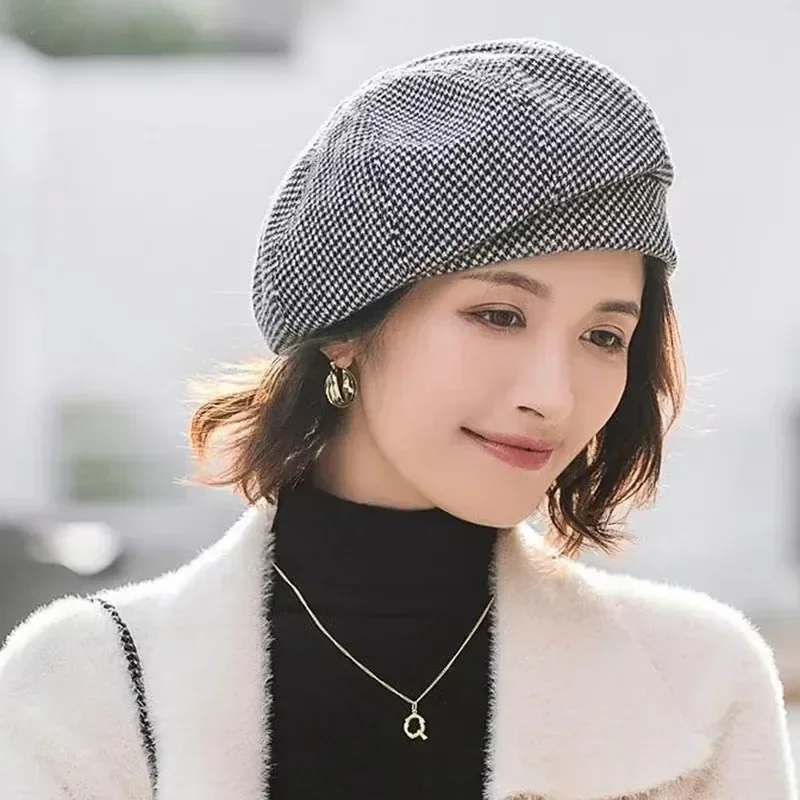 Women's Wool Beret Hat, Vintage Elegant Plaid Octagonal Cap for Ladies ...