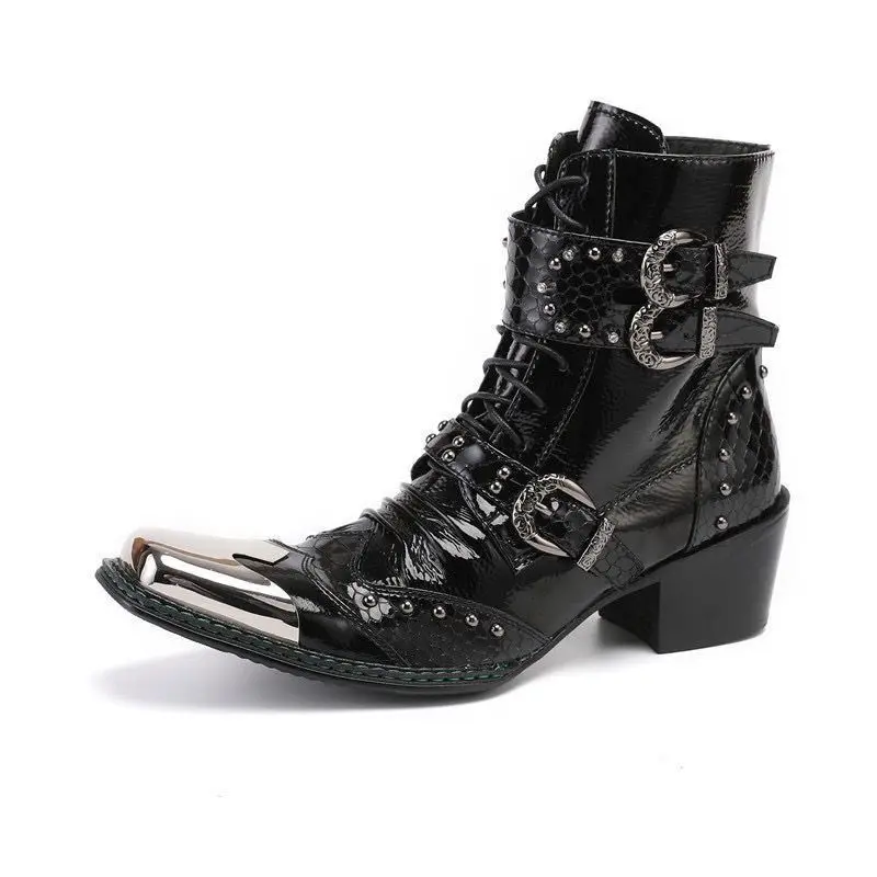 Fashion Punk Style Men Black Genuine Leather Boots Metal Square Toe ...