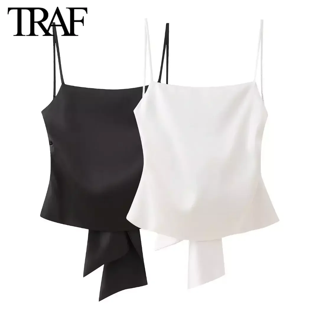 TRAF-Women-Fashion-Summer-New-Back-Bow-White-Satin-Backless-Sling-Crop ...