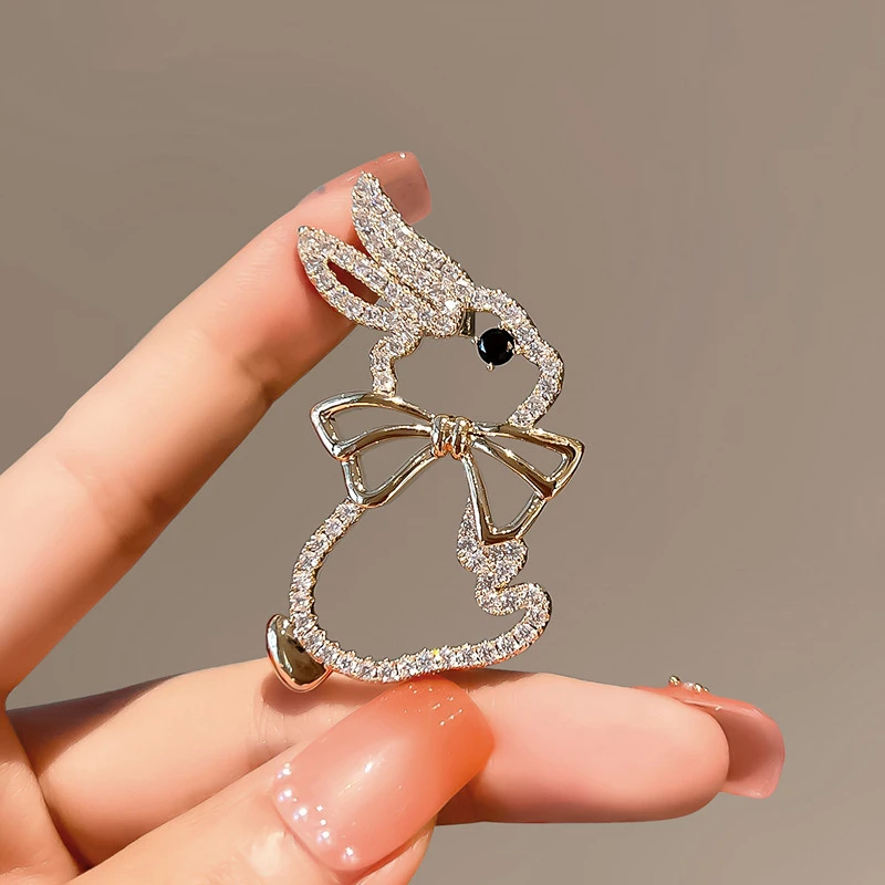 Female Fashion Simple White Crystal Cute Bowknot Rabbit Brooches For ...