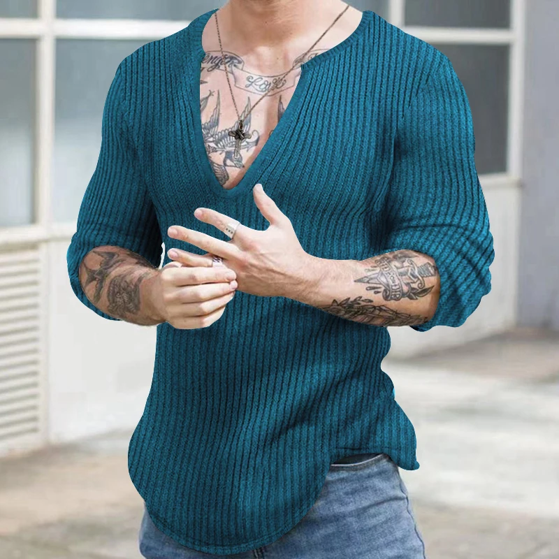 Men-s-Casual-Autumn-and-Winter-New-Deep-V-neck-Slim-Fit-Long-Sleeve ...