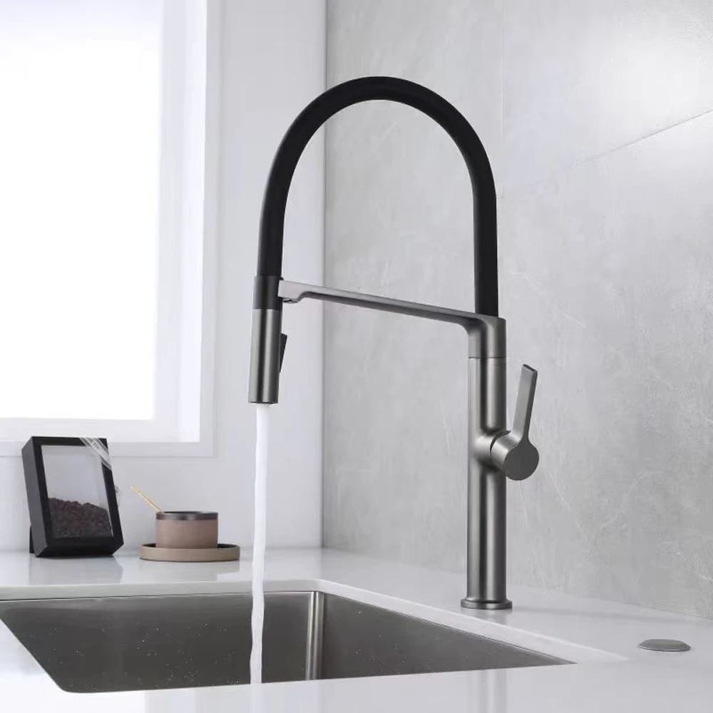 Gunmetal-Rubber-Kitchen-Faucet-Mixer-Rotation-Pull-Down-Stream-Sprayer ...