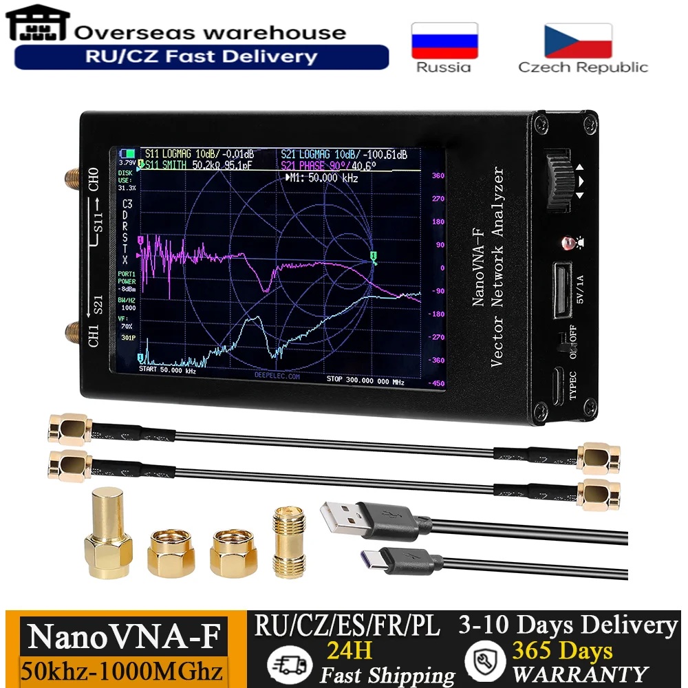 NanoVNA-F Vector Network Analyzer, IPS TFT Color Display, HF, VHF, UHF, 50kHz, 1000 MHz, USB ...