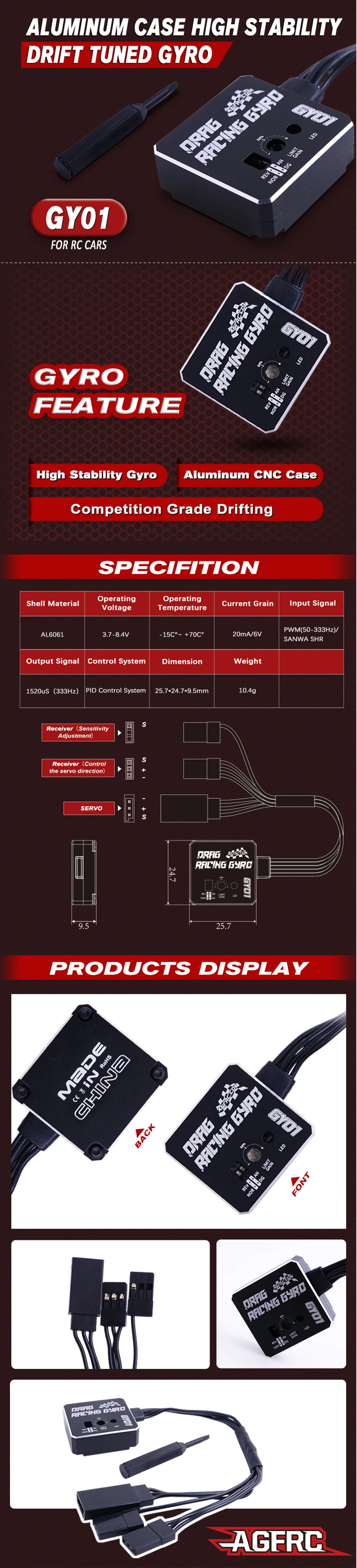 AGFRC GY01 CNC 알루미늄 케이스 높은 안정성 제어 쉬운 이득 RC 드리프트 자동차 F1 자동차 용 조정 가능한 스티 – RCDrone