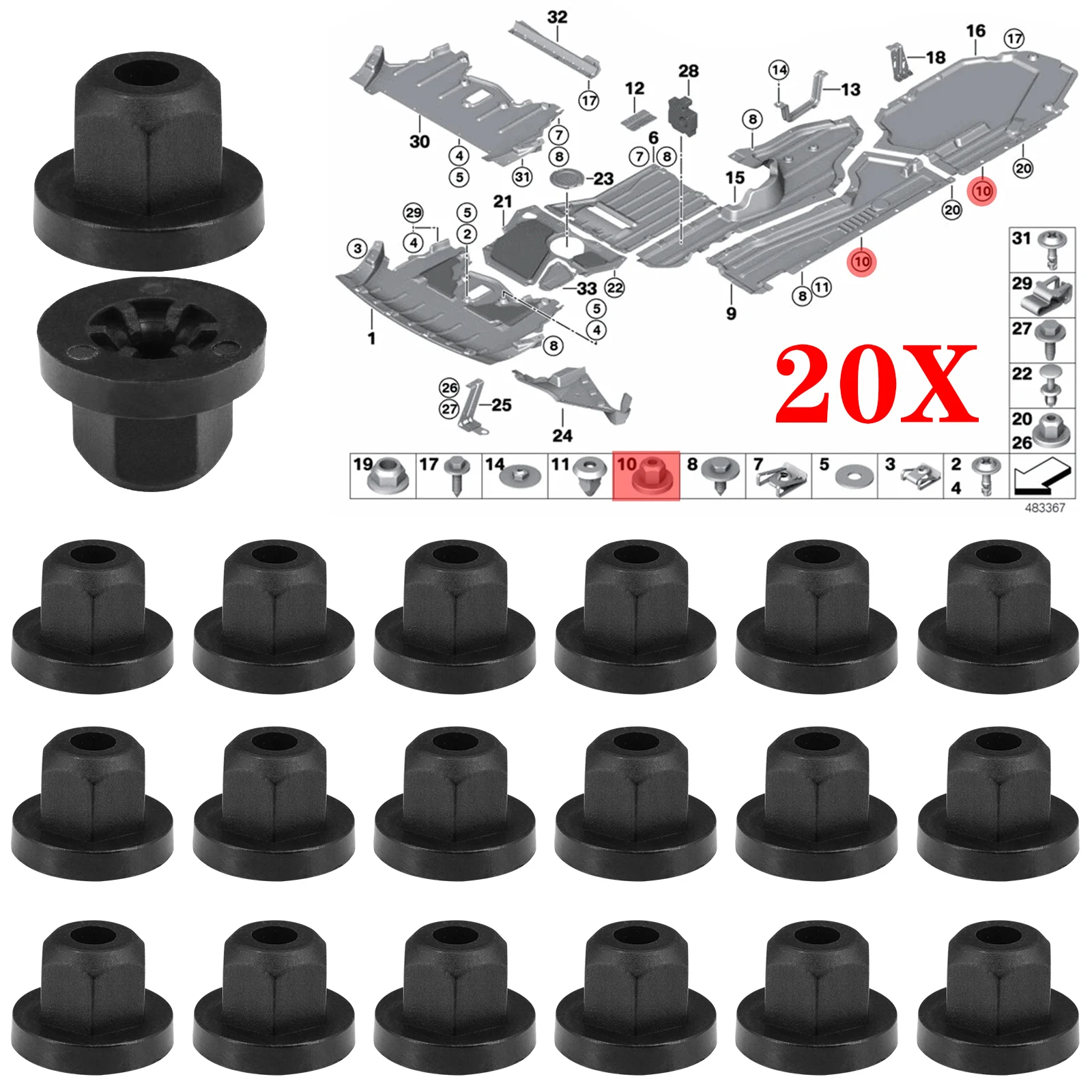10/20pcs Car Body Nut Flange Clips Plastic Fastener Rivets Retainer For ...
