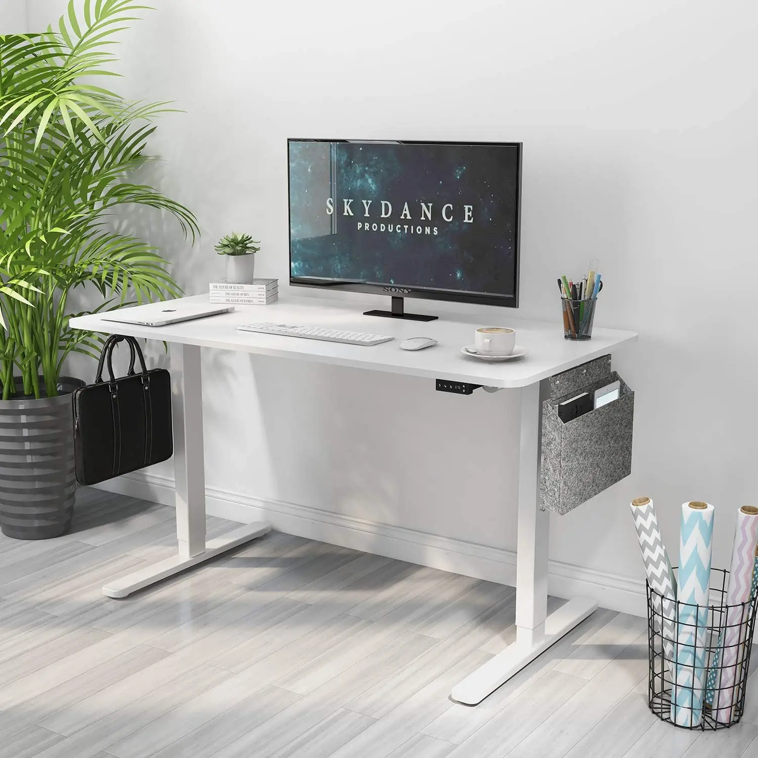 Standing Desk Electric Height Adjustable Desk with Storage Bag and Hook ...