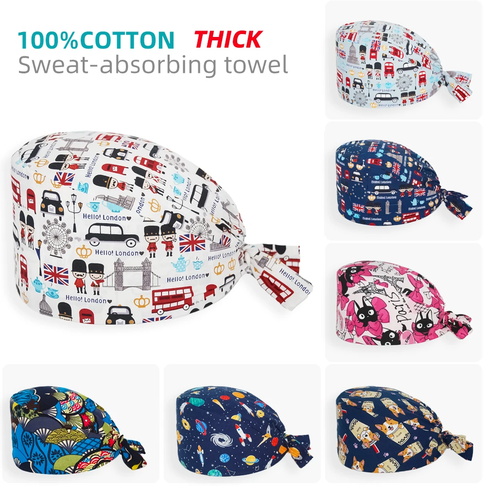 cartoon print scrub caps women Nurse cap surgical hat pet hopsital ...