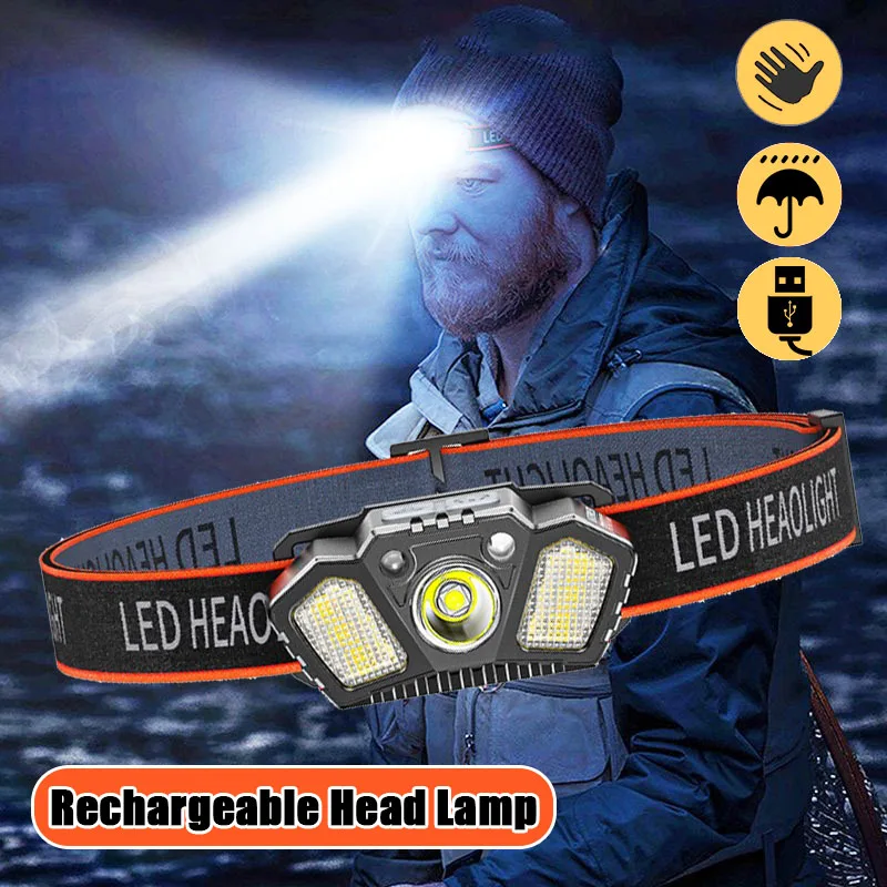 Linterna de cabeza LED recargable, interruptor de 5 engranajes, Sensor de movimiento de ...