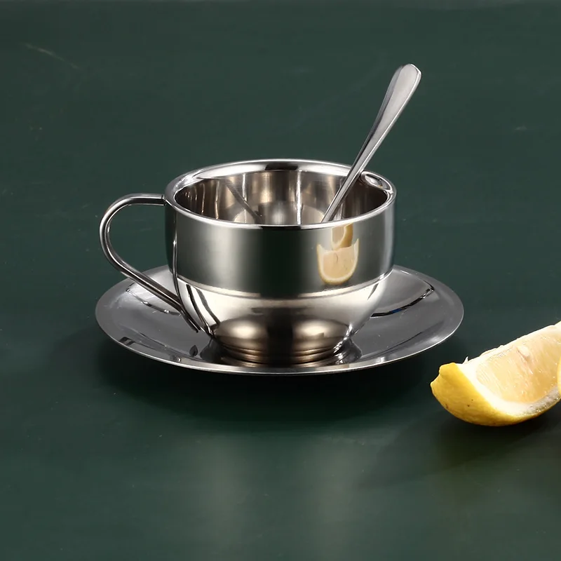 Stainless-Steel-Coffee-Cup-6oz-With-a-tray-and-spoon-Teacup-set ...