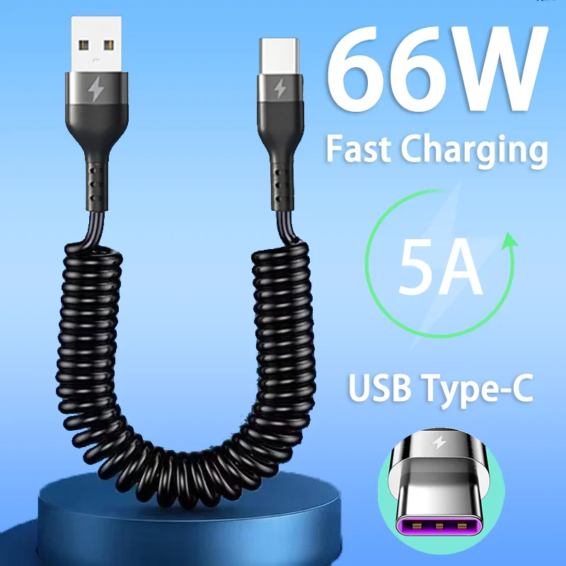 66W 5A Fast Charging USB Type C Cable Micro USB Spring Telescopic Car ...