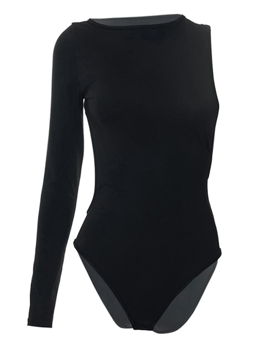 Women-One-Shoulder-Long-Sleeve-Bodycon-Bodysuits-Solid-Color-Seamless ...