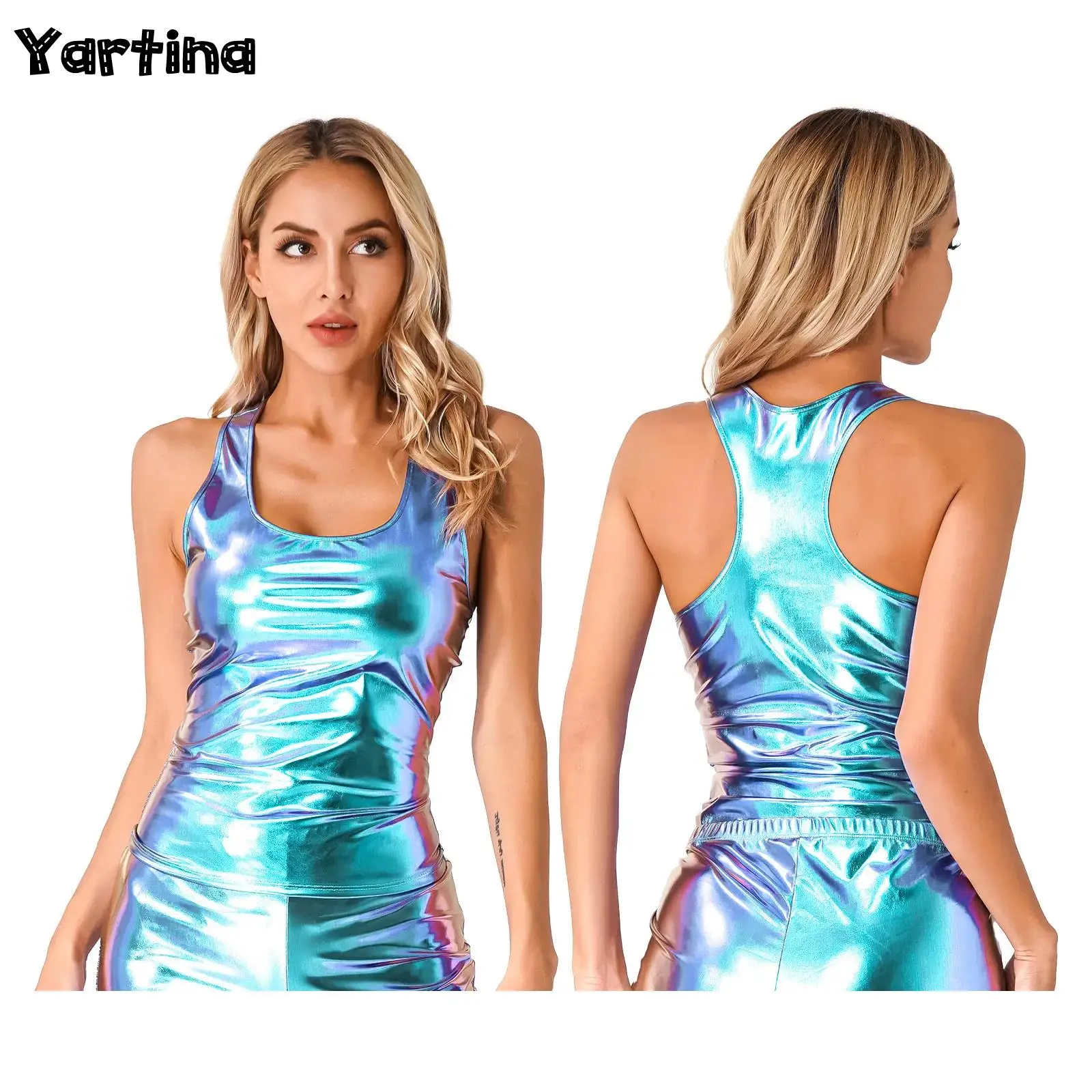 Womens-Shiny-Metallic-Vest-Top-Deep-U-neckline-Sleeveless-Racer-Back ...
