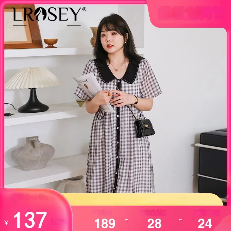 플러스 사이즈 여성 의류 뚱뚱한 소녀 여름 의류 연령 감소 인형 홍콩 스타일 체크 무늬 작은 슈퍼 슬리밍 배 커버 쉬폰 드레스