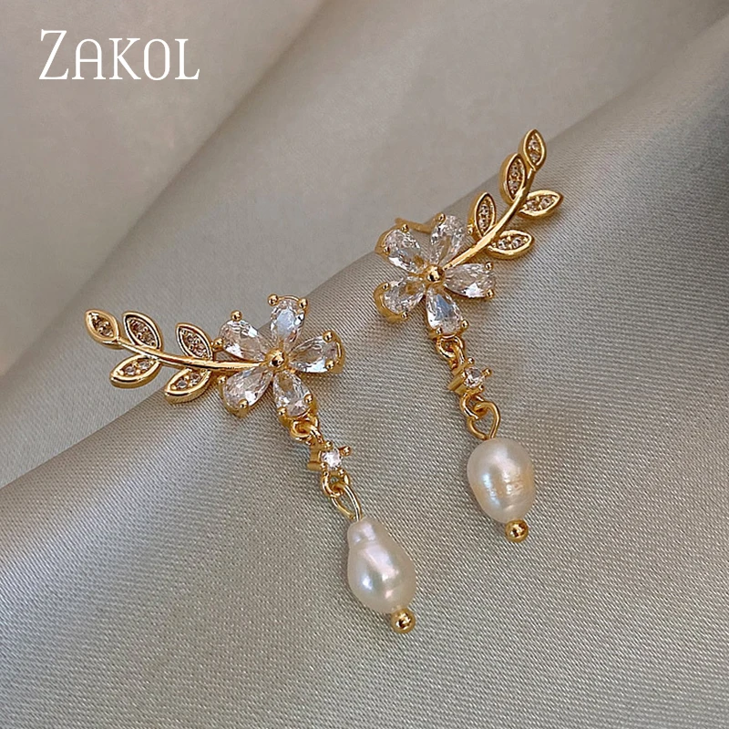 ZAKOL-Korean-Fashion-Flower-Earrings-Shiny-Leaf-Zircon-Imitation-Pearl ...