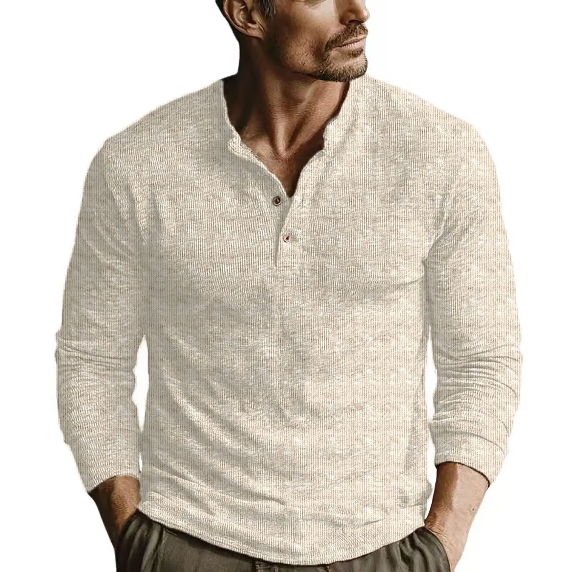Autumn new men's long-sleeve Henry collar solid color casual T-shirt ...