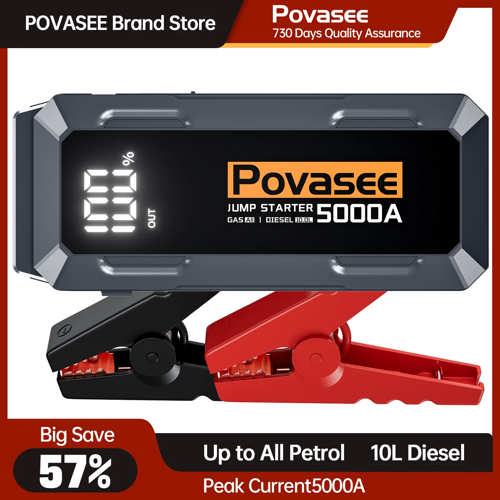 POVASEE Car Jump Starter Power Bank 5000A Jump Starter up to All Gas or ...