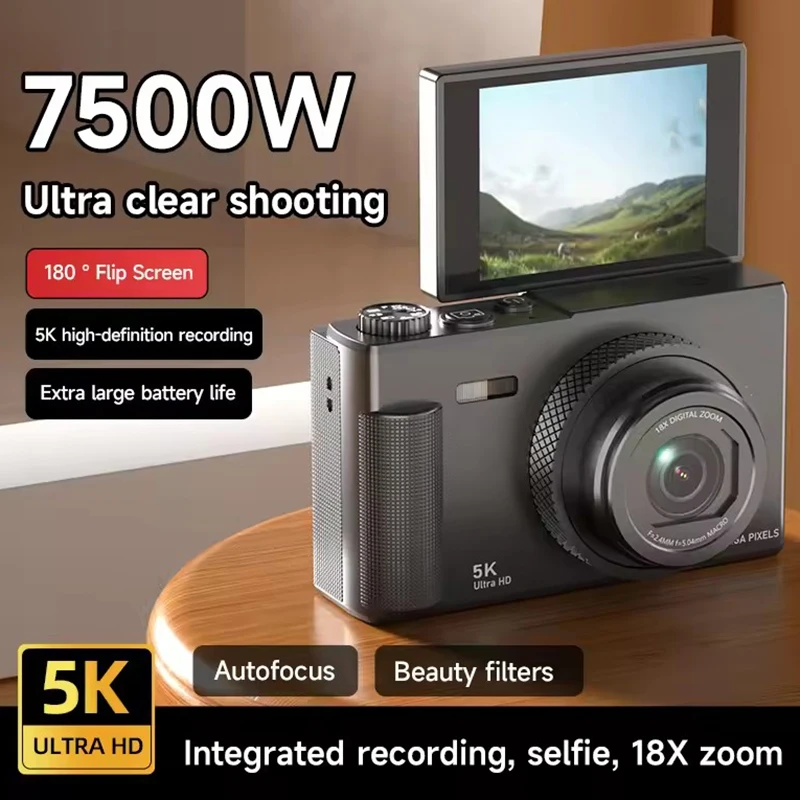 デジタルカメラ 180 ° フリップスクリーン5KビデオVlogカメラ75MP手ぶれ補正18倍ズームポータブルボディカメラ学生向けギフト ...