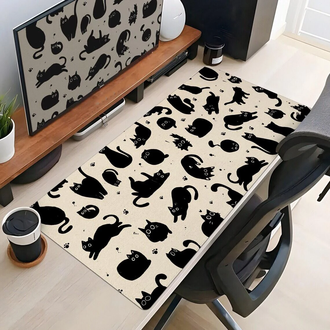 Cats-Desk-Mat-Cute-Black-On-Beige-Mouse-Pad-Extra-Large-Table-Protector ...