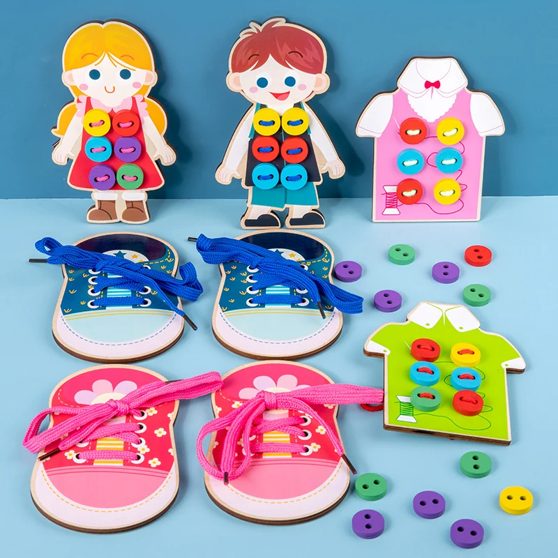 Children's Threading Toy Wooden Montessori Tie Shoelace Clothes Buttons ...