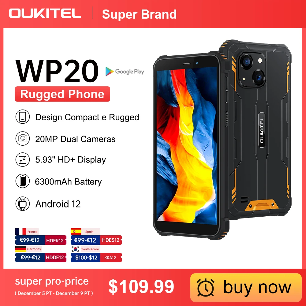 Oukitel WP20 Robuste Smartphone 5.93 "HD + 4G + 32G 6300 mAh Android 12 ...
