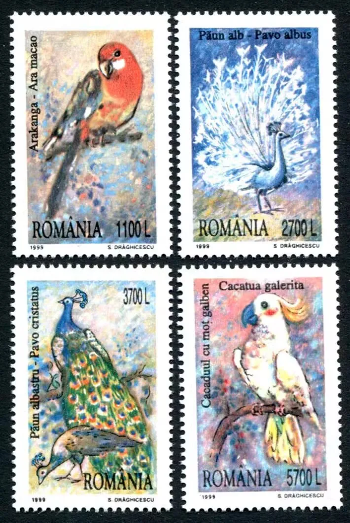 4Pcs/Set New Romania Post Stamp 1999 Birds Parrot Peacock Postage ...