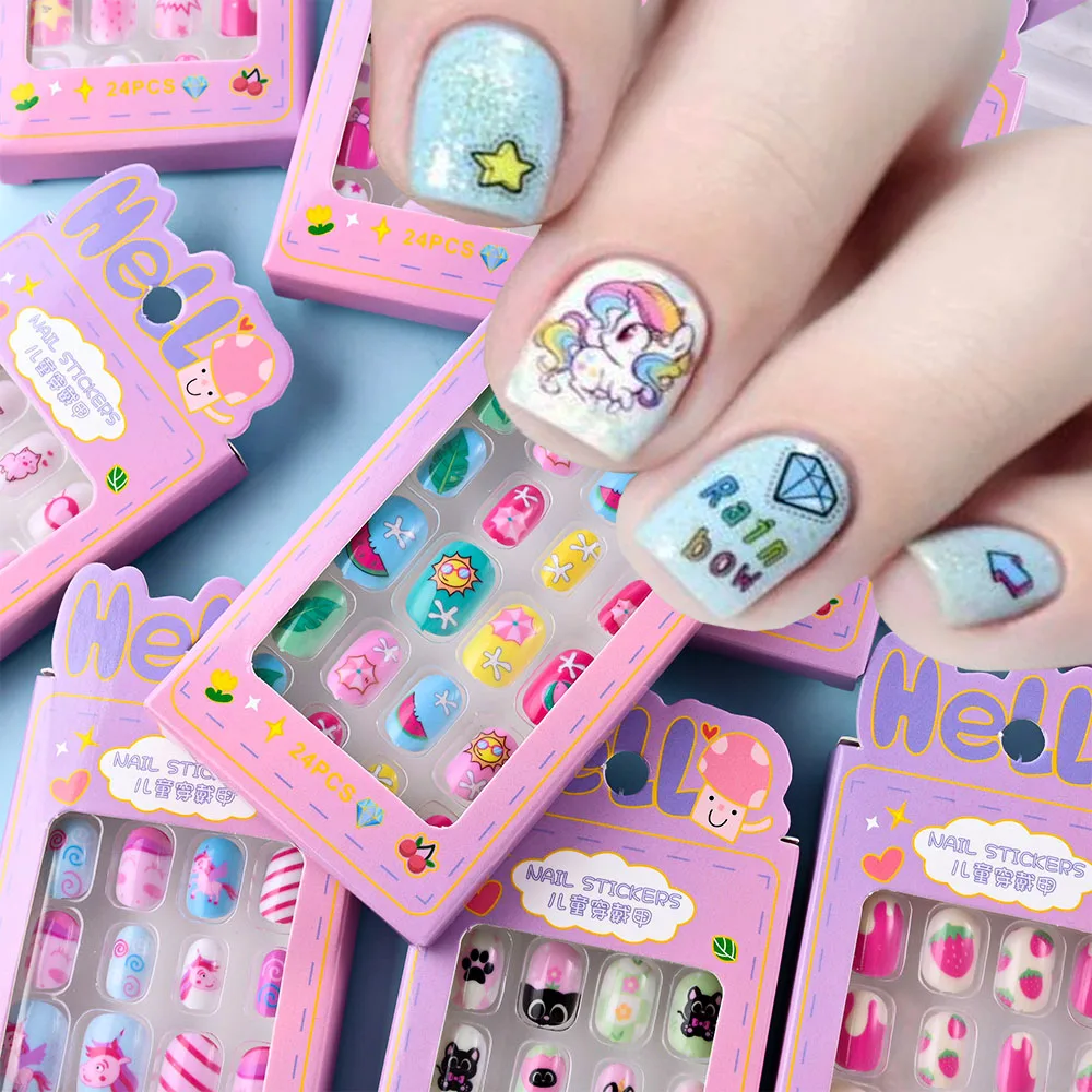 24pcs/box Candy Kids False Nails Cartoon Full Cover Press On Fake Nail ...