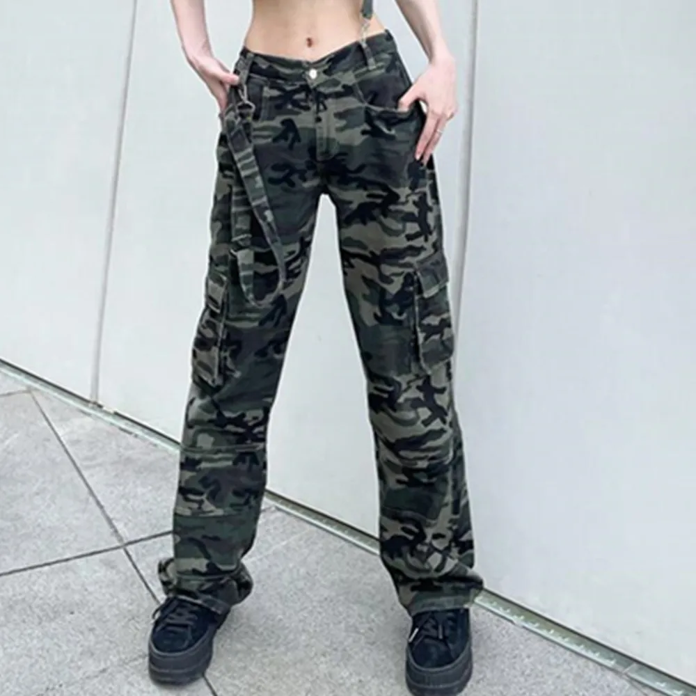 빈티지 카모 하이 웨이스트 청바지 스트레이트 헐렁한 데님 바지 스타 아메리칸 패션 스트리트웨어 와이드 레그 진 여성 바지