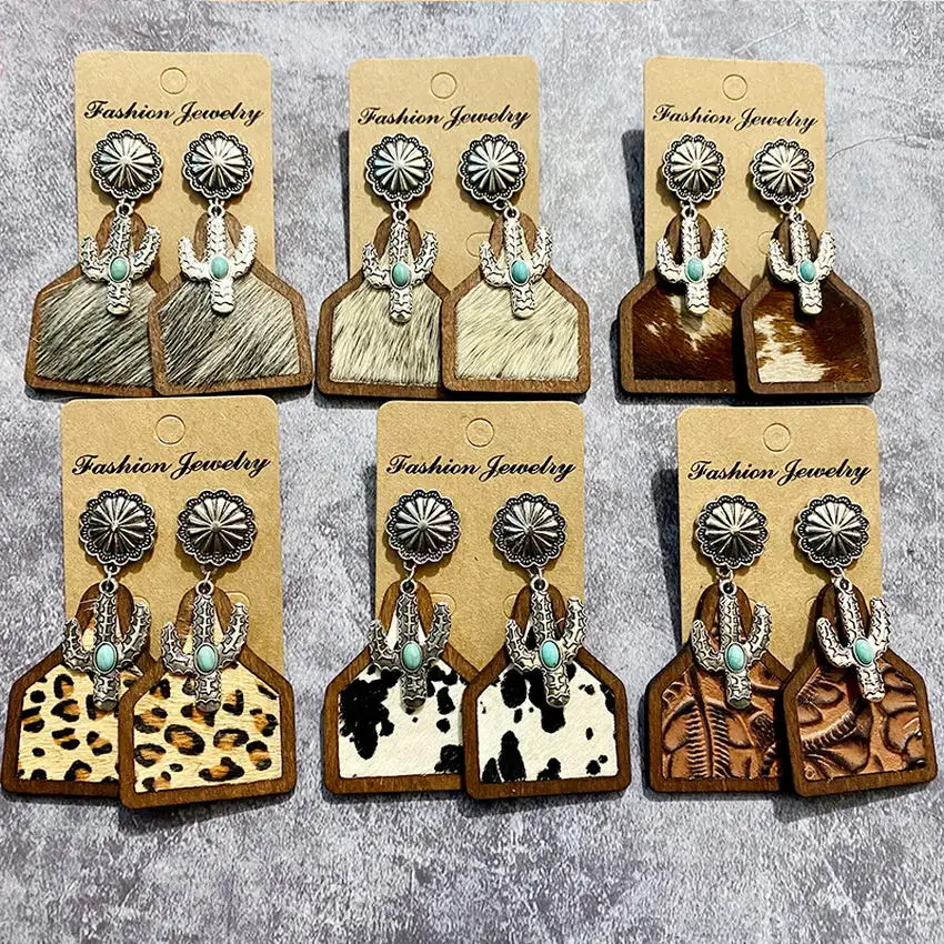 Wood-Bezel-Inlay-Leopard-Genuine-Leather-Cow-Tag-Earrings-with-Concho ...