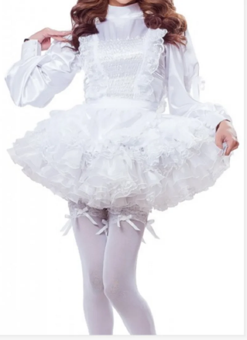 Mid Neck Long Sleeved White Satin Gothic Girly Sexy Adult Dance Dress ...