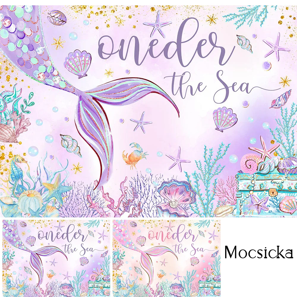 Mermaid-One-Birthday-Photo-Backdrop-Under-the-Sea-Watercolor-Mermaid ...