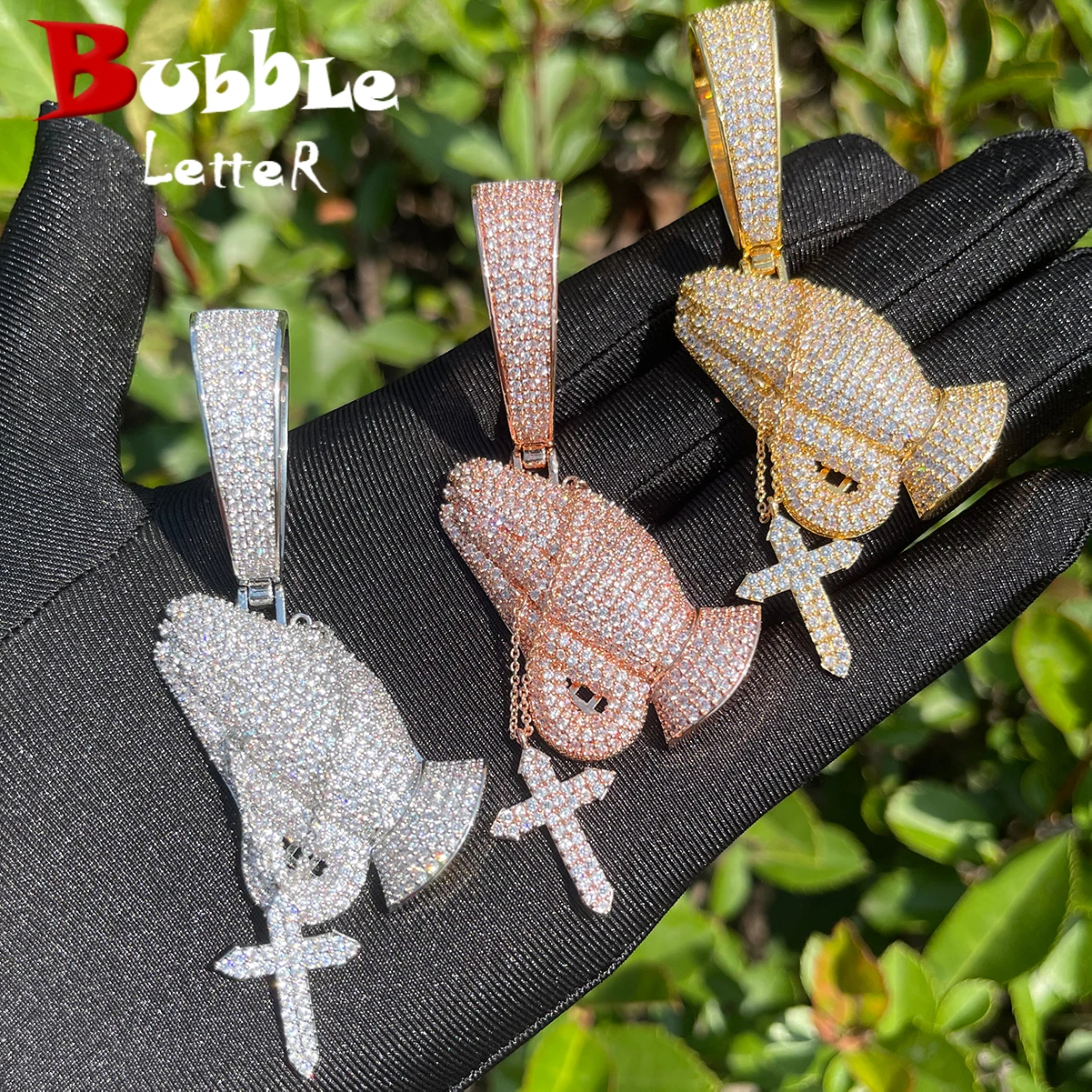 Bubble-Letter-Iced-Out-Pray-Hands-Cross-Necklace-for-Men-Real-Gold ...