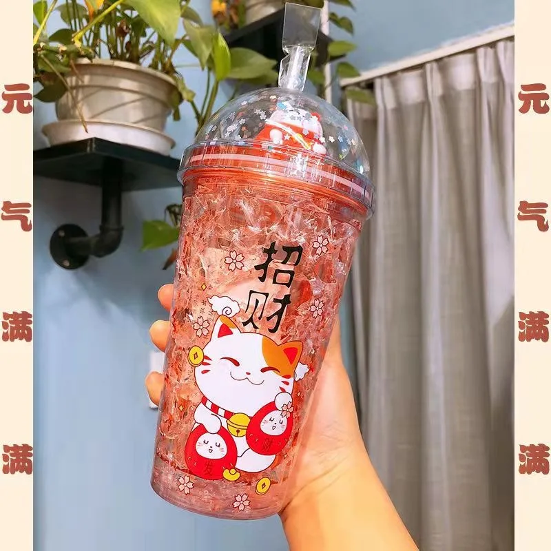 Double-Layer-Ice-Cup-Lucky-Cat-Water-Bottle-with-Straw-Japanese-Pink ...
