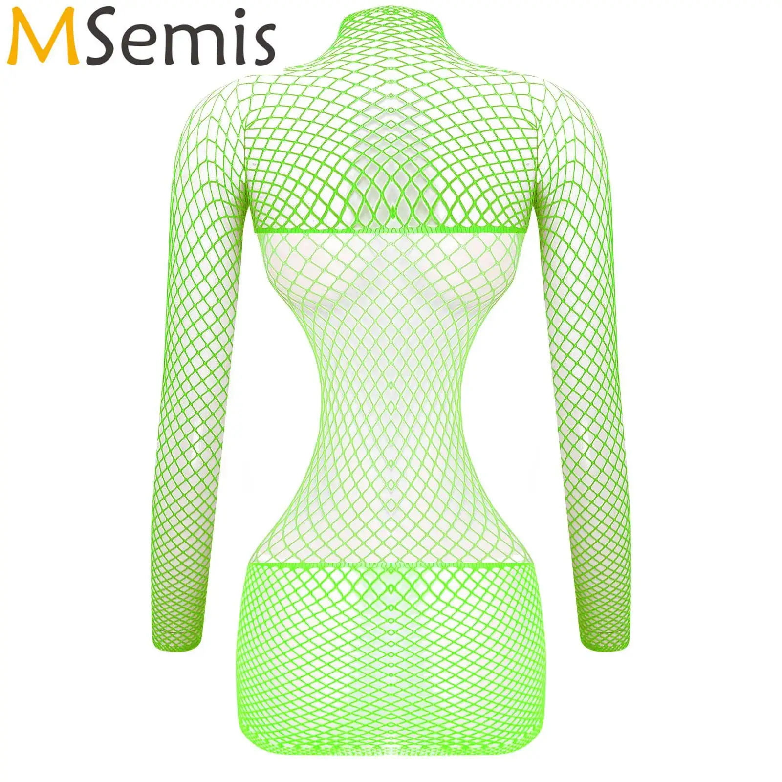 Womens-See-Through-Fishnet-Lingerie-Dress-Long-Sleeve-Backless-Stretchy ...