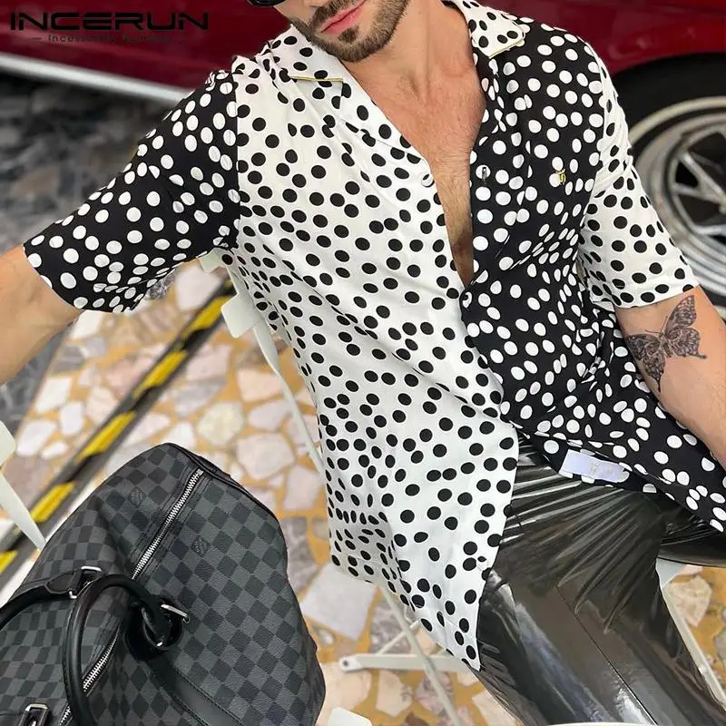 Party Shows Style Tops INCERUN Handsome Men's Black&White Contrast Polka Dot Blouse Casual Male ...
