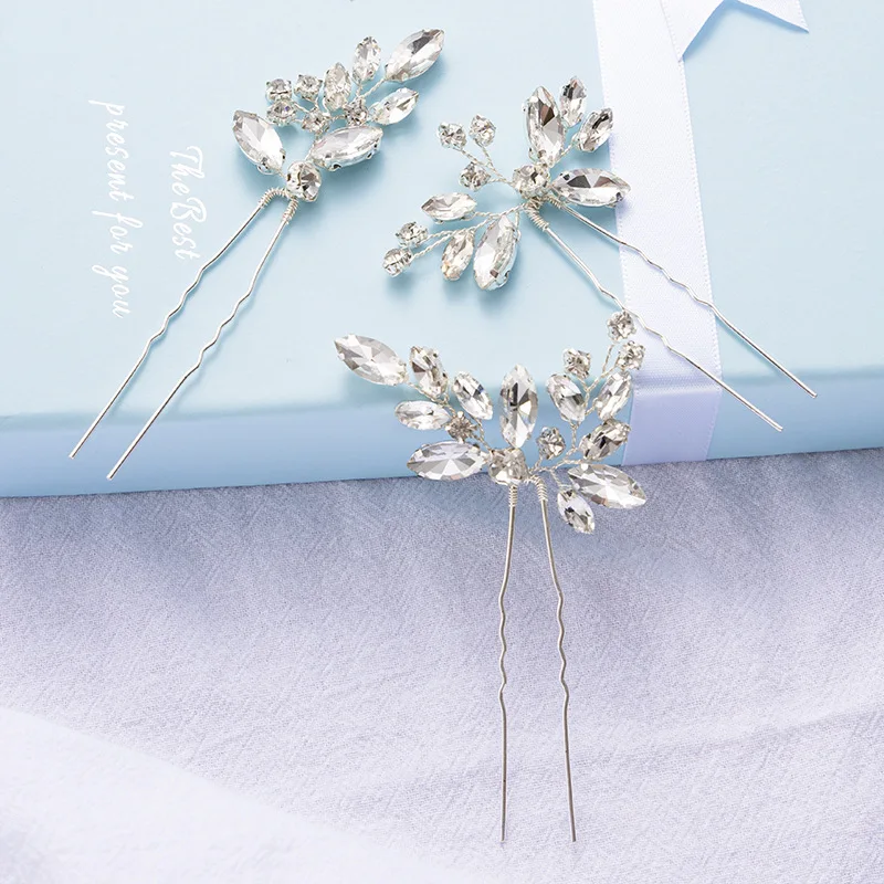 3PCS Silvery Crystal Women Bridal Hair Pins Shiny Plant Head Decoration ...