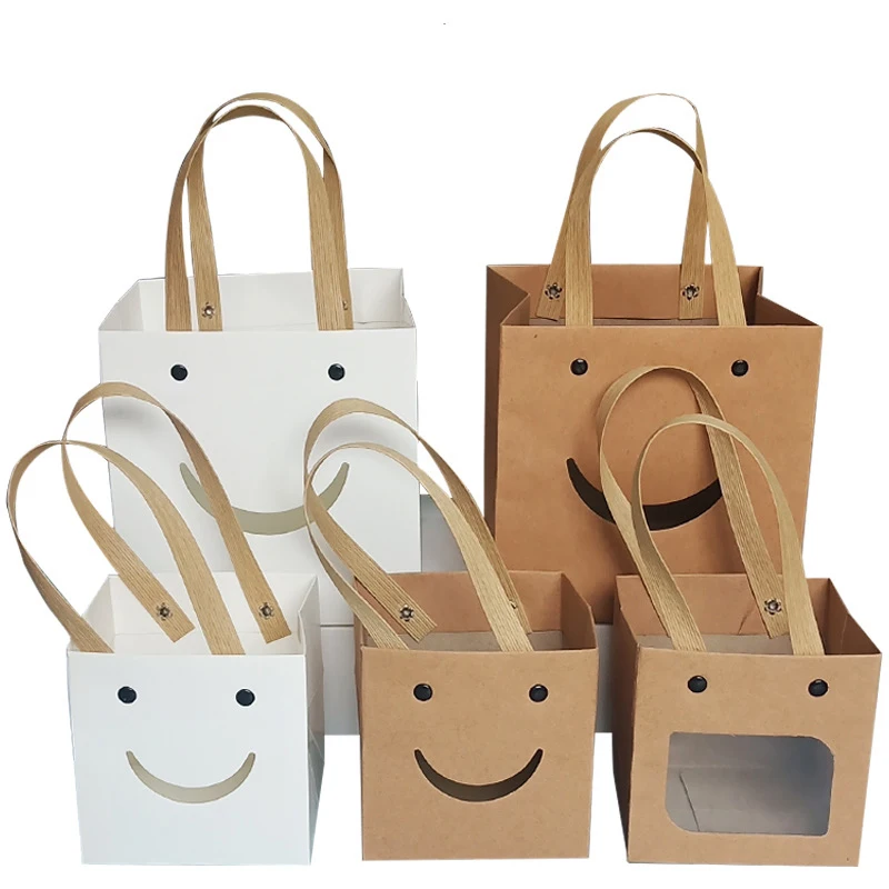 10PCS-Smiley-Face-Gift-Bag-Window-Kraft-Paper-Bag-Flower-Carrying-Bag ...