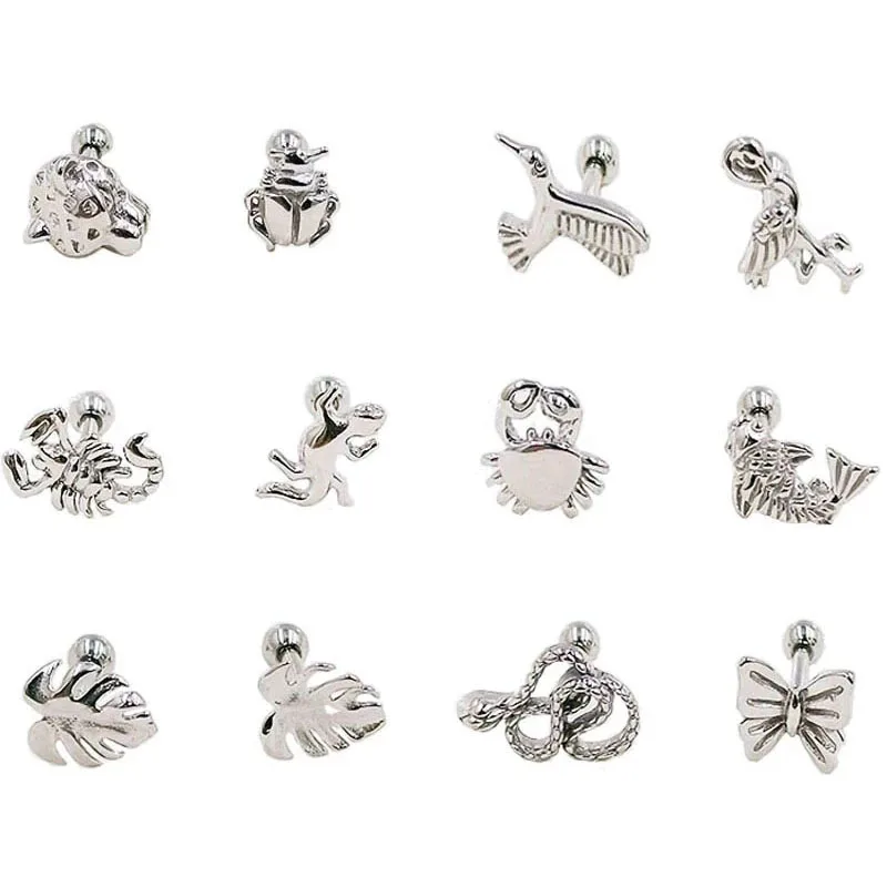 16g 뱀 전갈 Tragus 귀걸이 나비 물고기 새 도마뱀 연골 조가비 스터드 꽃 잎 귀 캐스트 바디 피어싱 쥬얼리