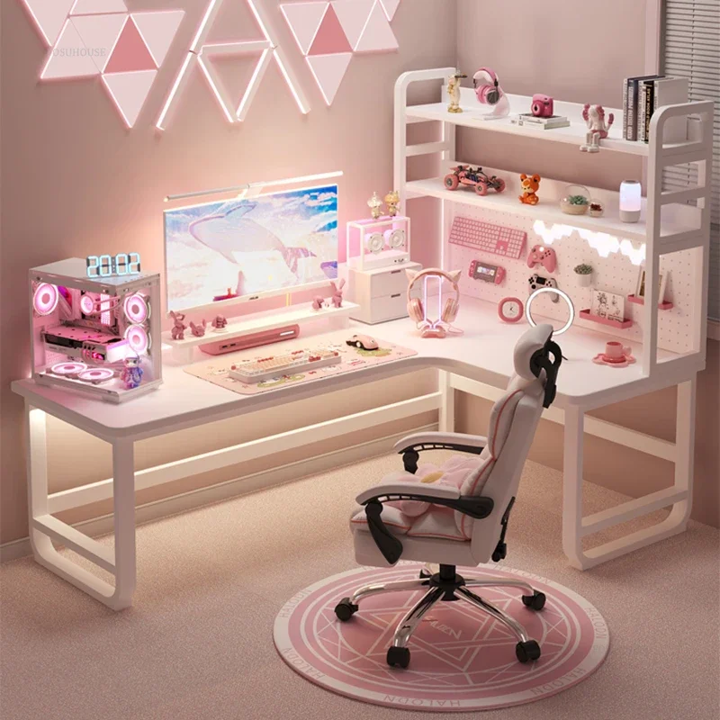 Cream-Style-Computer-Desks-Corner-Desk-Bookshelf-Integrated-Desktop ...