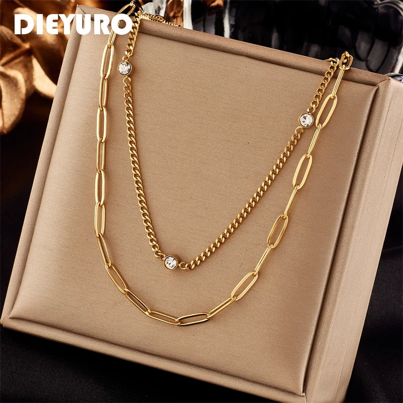 DIEYURO 316L Stainless Steel Multilayer 2in1 Zircon Necklace For Women New Trend Girls Link ...