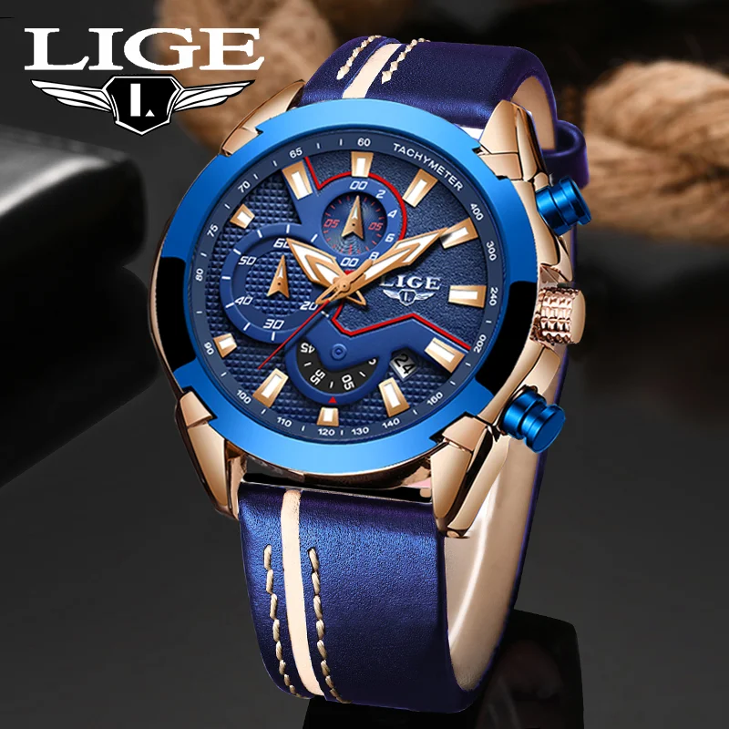 LIGE New Mens Watches Top Luxury Quartz Watch Blue Casual Leather ...