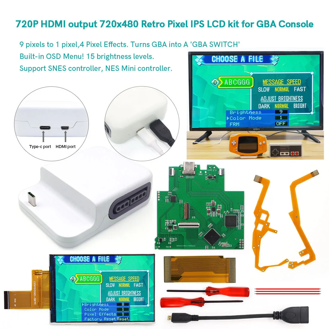 720x480-Retro-Pixel-V5-GBA-LCD-Mod-Kits-IPS-Replacements-with-720P-HDMI ...
