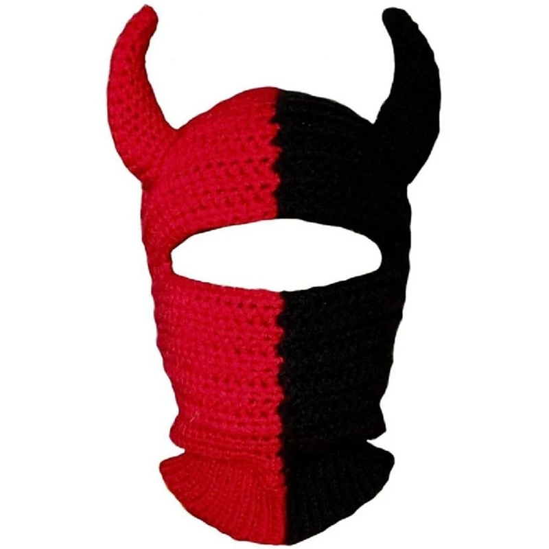 Halloween Funny Horns Knitted Full Face Mask Horn Woolen Hat Balaclava ...