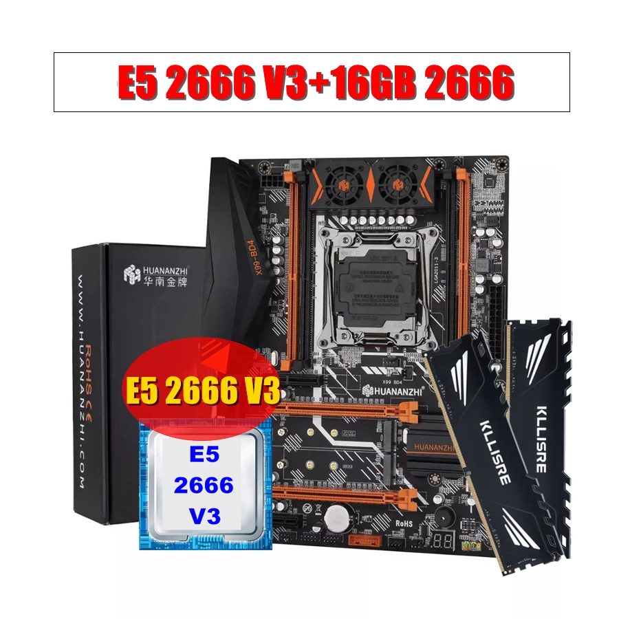 HUANANZHI BD4 kit Motherboard xeon LGA 2011 3 x99 E5 2666 V3 2*8G DDR4 ...