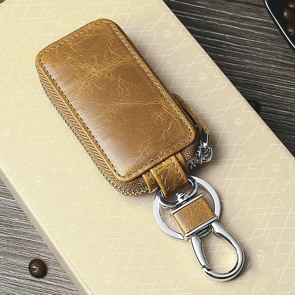 Brown Genuine Leather Car Key Holder Zippered Key Chain Case Pouch ...