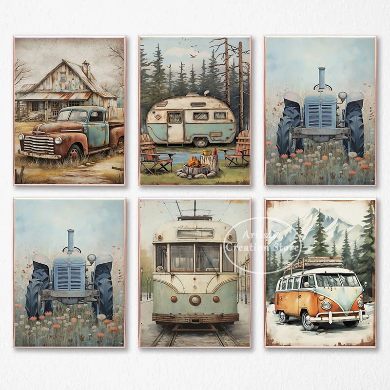 Retro-Tram-Camper-Van-Art-Poster-Print-Vintage-Country-Cottage-Rusty ...