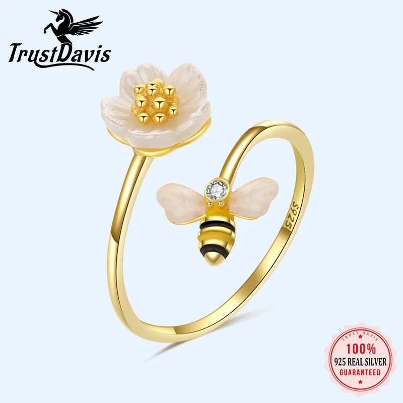 TrustDavis-Real-925-Sterling-Silver-18k-Gold-Daisy-Flower-Bees-Opening-Rings-For-Women-Wedding ...