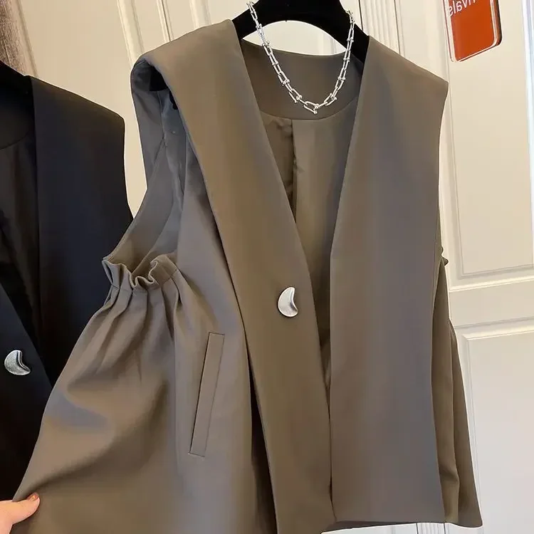 Ropa-negra-para-mujer-chaqueta-de-caf-informal-suelta-coreana-traje-plisado-de-paraguas-chaleco ...