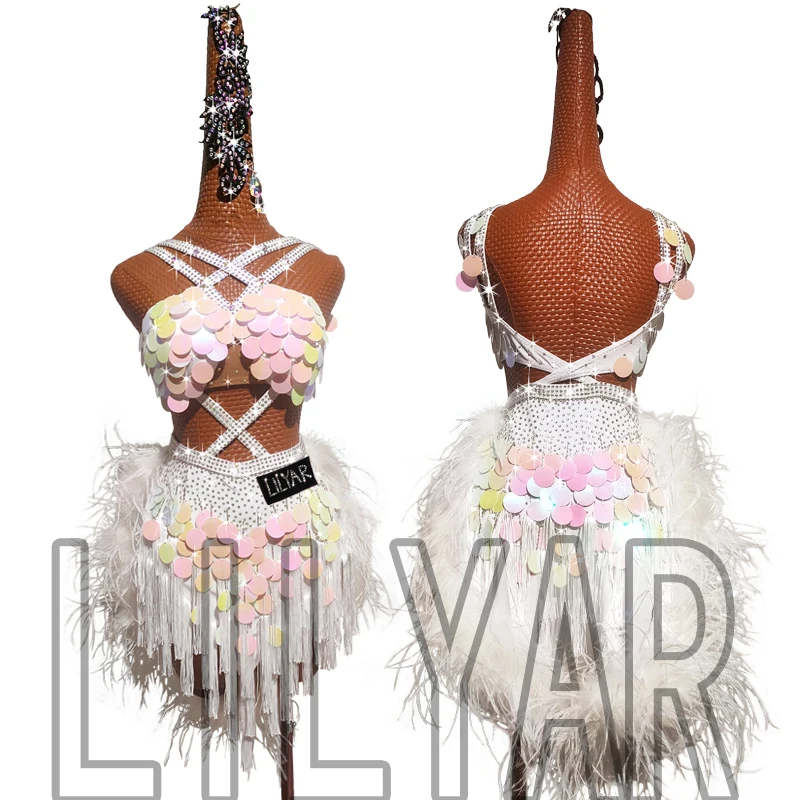 LILYAR Summer New Latin Dance Performance Competition Show White Feather Mermaid Sequins Flash ...